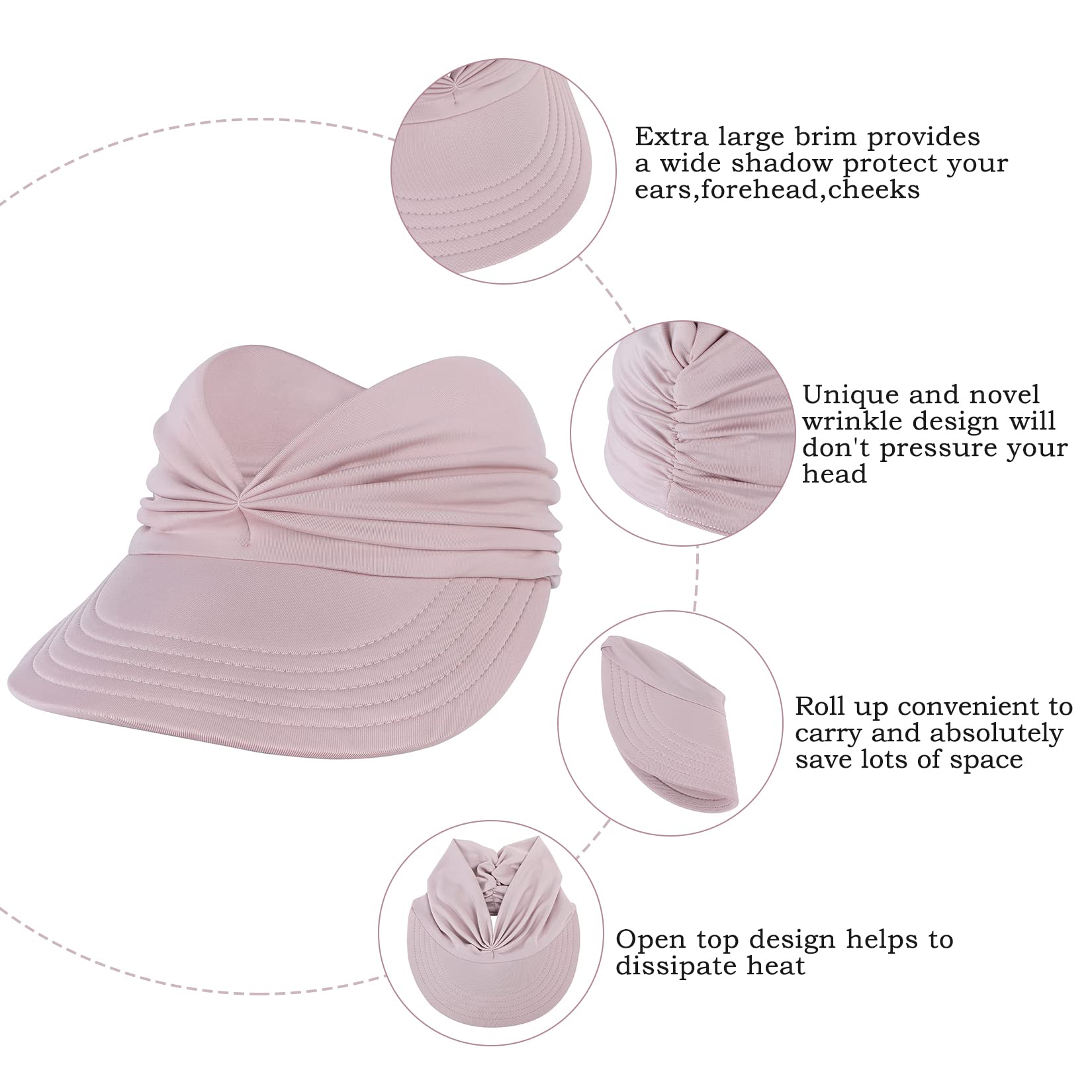 Century Star Sun Visor Hat for Women Wide Brim Sun Hats UPF 50+ UV Protection Summer Foldable Ponytail Beach Hats Z Rose Red One Size