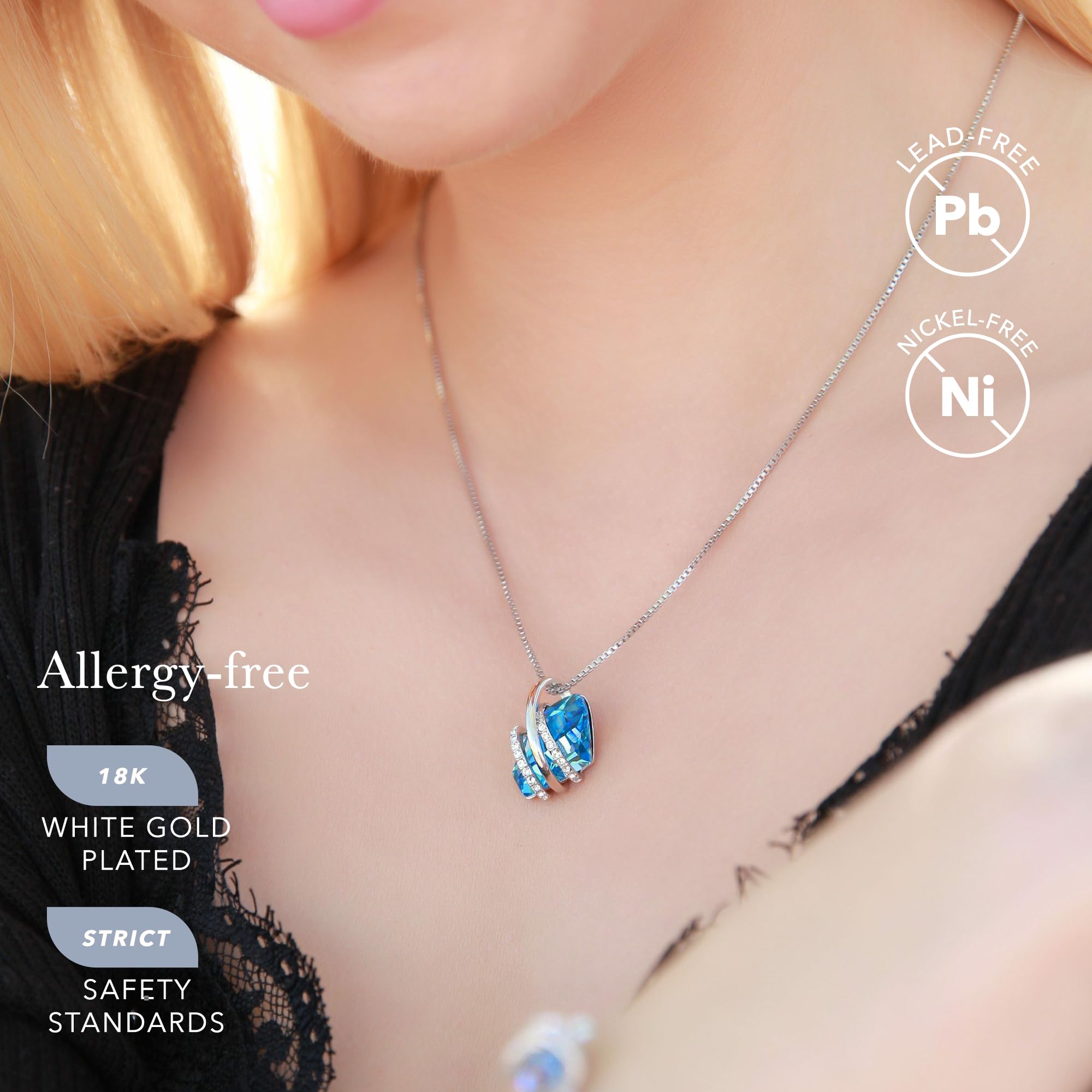 Leafael Wish Stone Pendant Necklace with Aquamarine Blue Birthstone Crystal for March and December, Silvertone, 18" + 2" Chain
