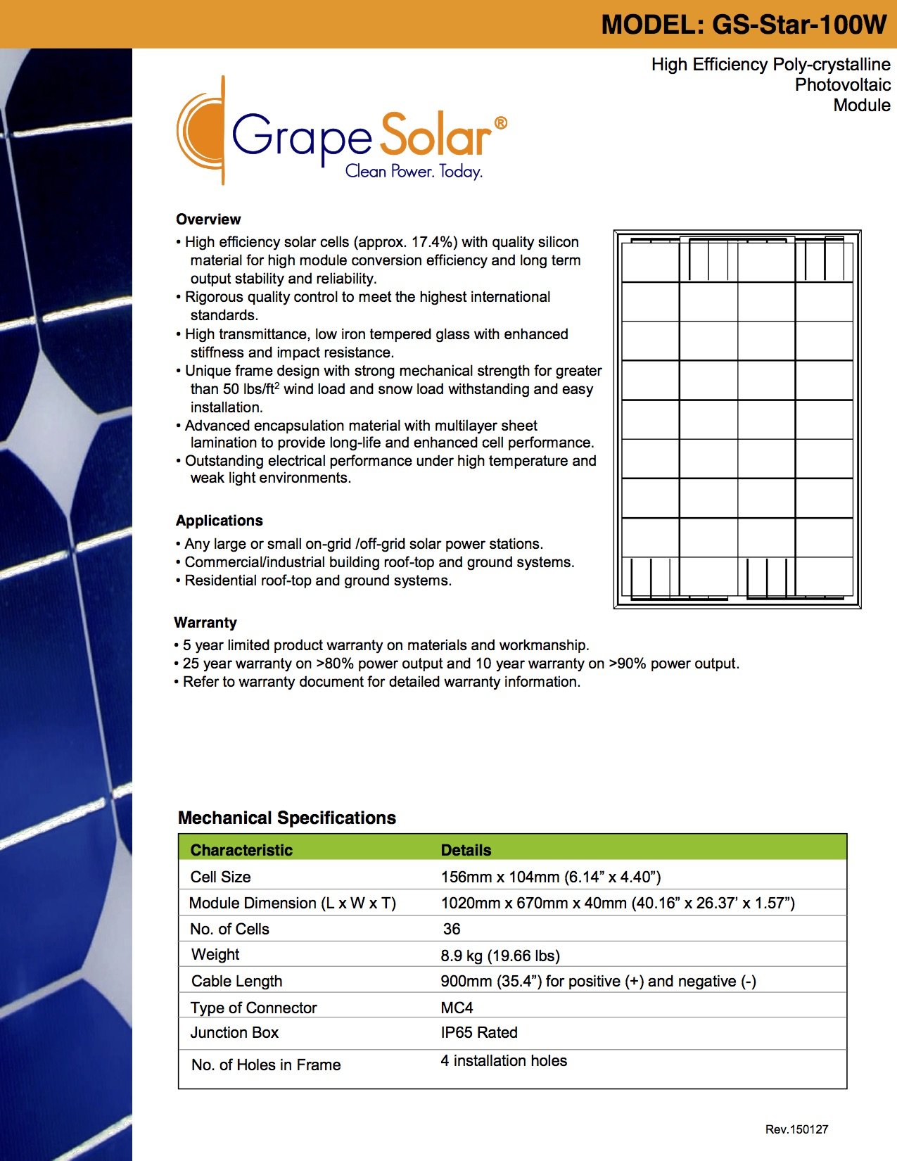 Grape Solar GS-STAR-100W Polycrystalline Solar Panel, 100-watt