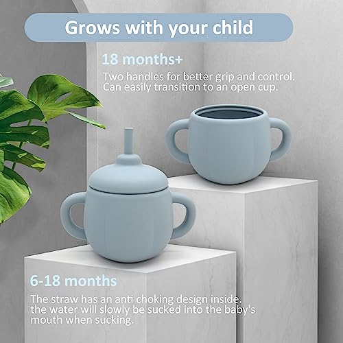Santi & Me 2-1 Silicone Straw Cup for Baby, Spill-proof Sippy Cup for Babies 6-12-18 Month, Open Training Water Cups with Easy-Hold Handle, Baby Led Weaning Cups - BPA Free - 8.8oz (Dusty blue)