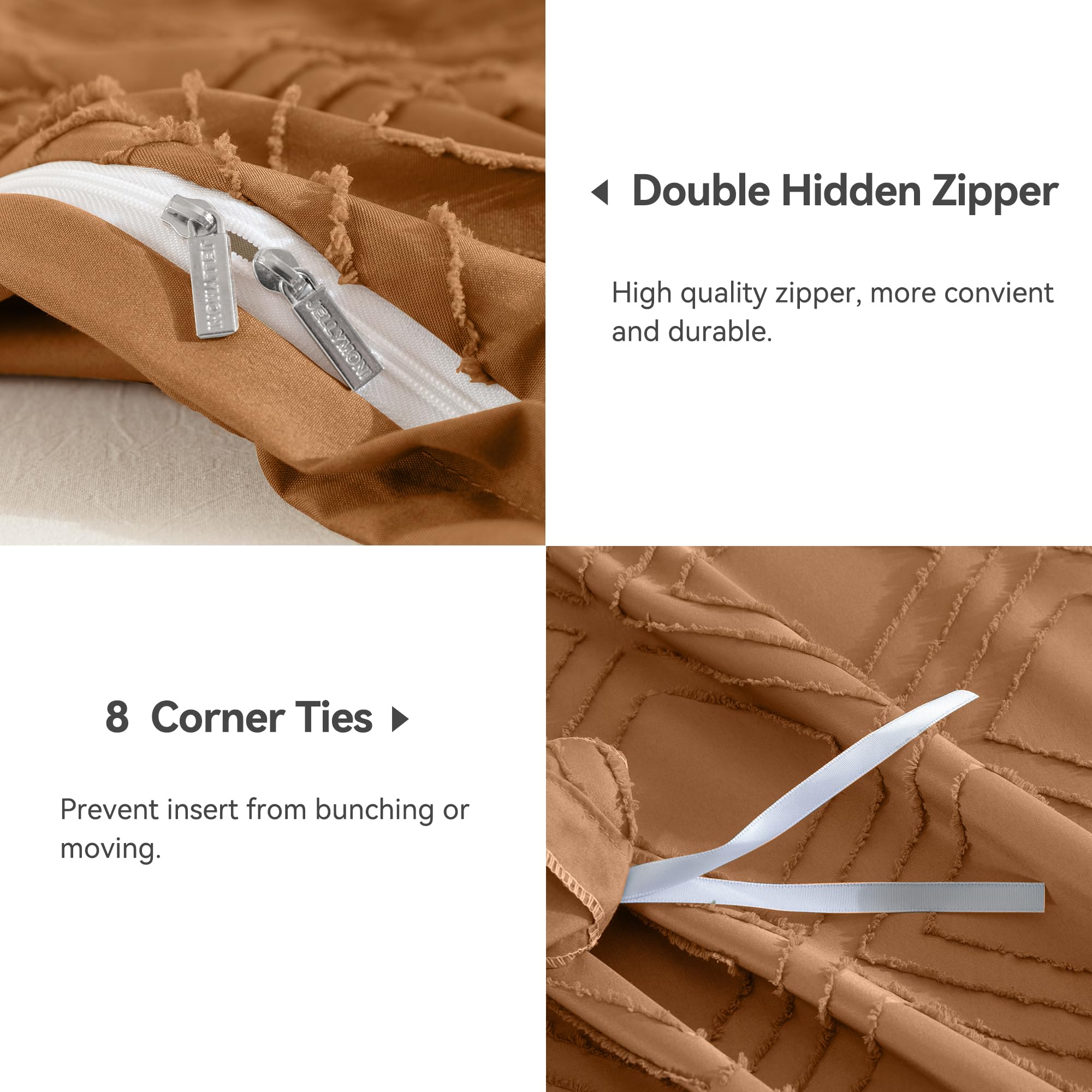 JELLYMONI Duvet Cover Queen, Rust Microfiber Tufted Duvet Cover Set, Boho Textured Duvet Cover Jacquard Rhombus Geometric Pattern Duvet Cover with Corner Ties & Zipper Closure