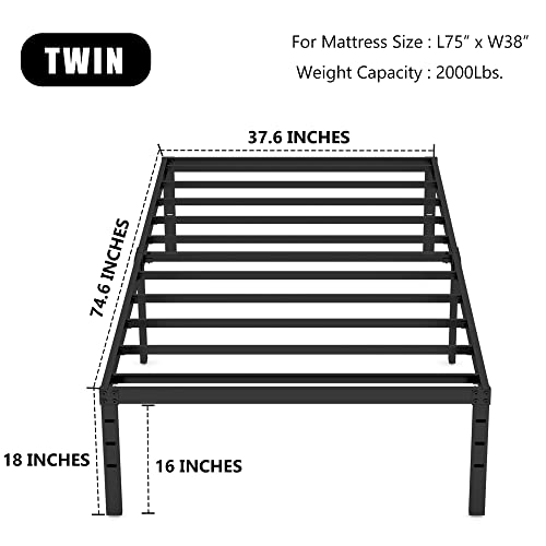 HOBINCHE 18 Inch Metal Twin Bed Frame No Box Spring Needed - Easy Assembly Heavy Duty Noise Free Narrow Bedframes - Single Black Basic Anti Squeak Steel Slats Platform with Storage