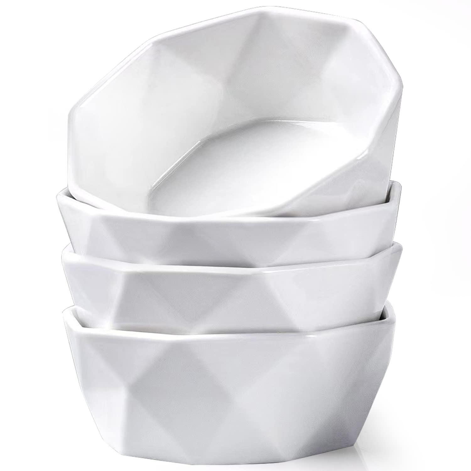 DELLING 22 Oz Geometric Cereal Bowls, White Soup Bowls Dessert/Snack Bowls Set for Rice Pasta Salad Oatmeal, Microwave/Dishwasher/Oven Safe Set of 4