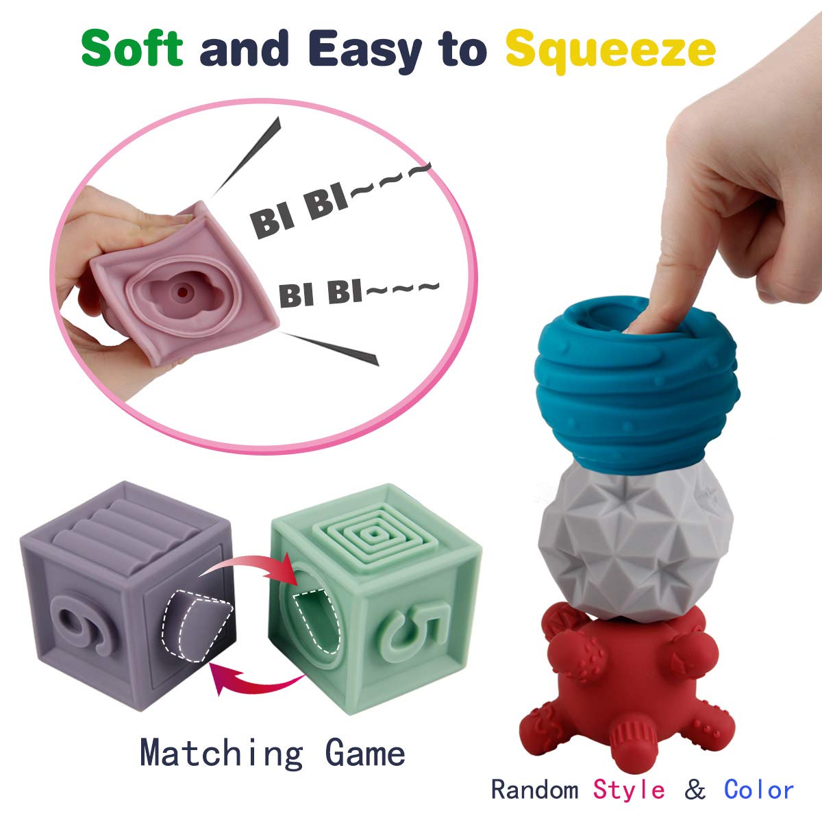 BOBXIN Baby Stacking Building Soft Block Toys, Infant Shape Sorter with Sensory Texture, Educational Learning Toy for Play Matching & Threading Game, Silicone Teething Toys for Babies 6-12 Months
