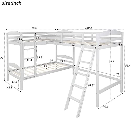 STP-Y Twin Over Twin Bunk Bed with 2 Ladders, Twin L-Shaped Bunk Bed and Loft Bed with Full-Length Guardrail, 3 Solid Wooded Bed Frames for Kids (White)
