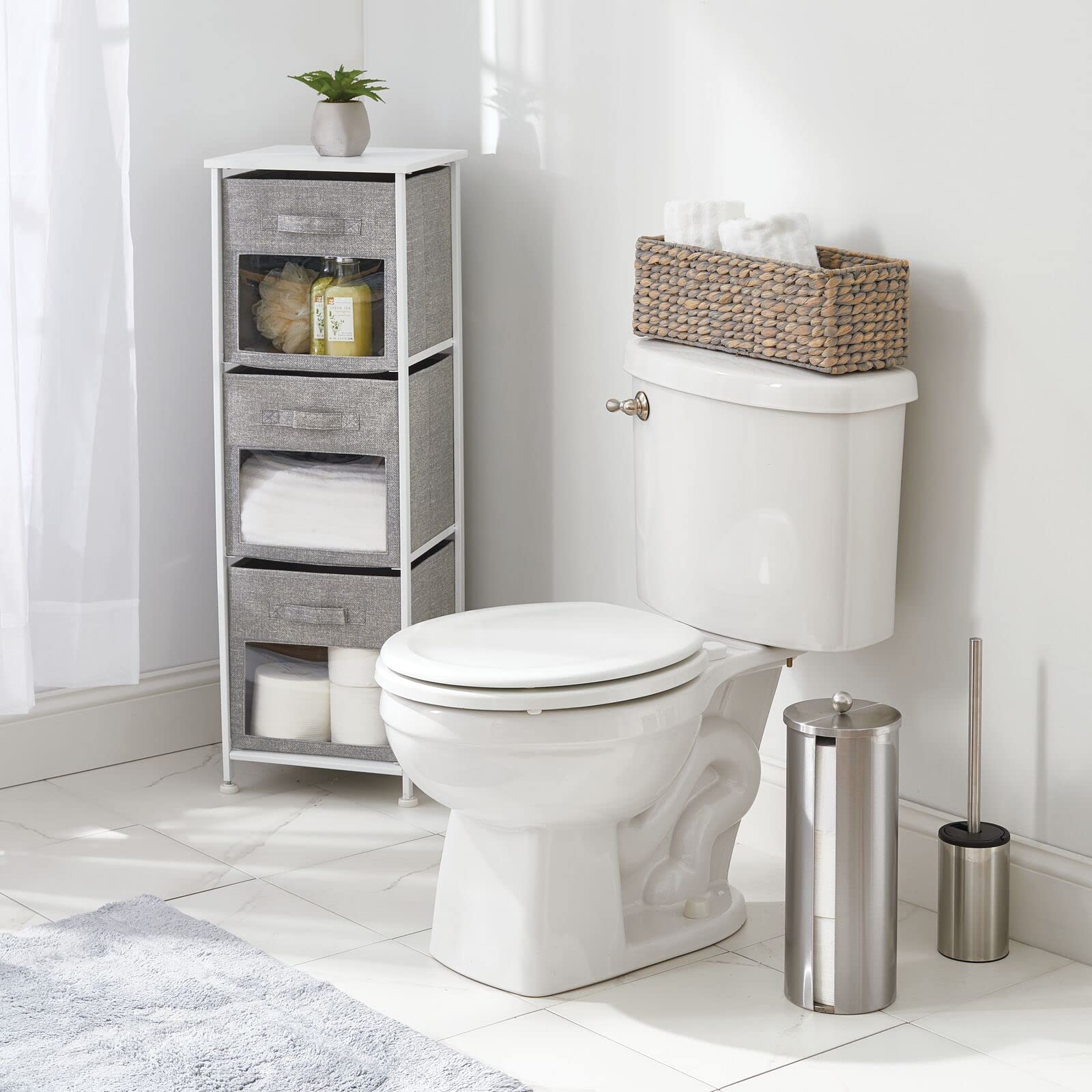mDesign Woven Hyacinth Narrow Bathroom Toilet Roll Holder Storage Organizer Basket Bin - Rectangle Containers for Bathroom, Toilet Tank - Hold 3 Rolls of Toilet Paper - 2 Pack - Gray