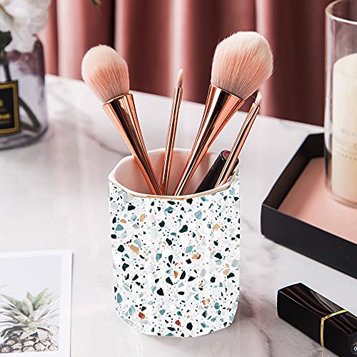 LEAZUL Pen Holder, Makeup Brush Holder Ceramic Shiny Gold Terrazzo Marble Stone Pattern Pencil Cup for Girls Kids Women Durable Stand Desk Organizer Storage Gift for Office, Classroom, Home Light Blue