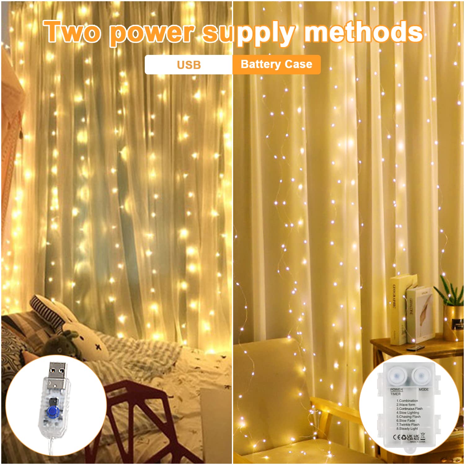 Curtain String Lights, Battery/USB Powered 200 LED Twinkle Light with Remote, Auto On/Off Setting & 8 Modes Fairy Lights for Indoor/Outdoor Bedroom Party Decor (Warm White 9.8 x 6.6Ft)