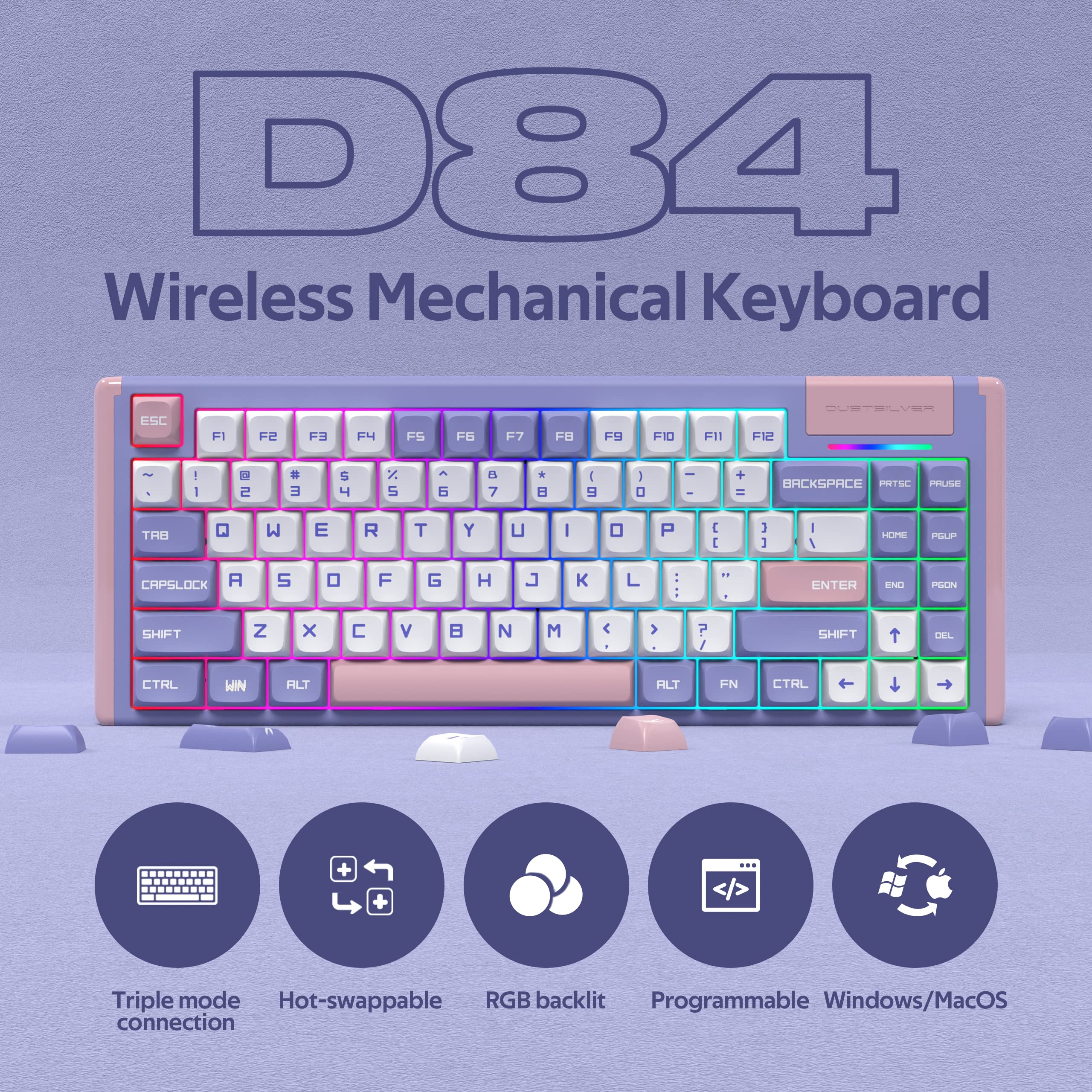 DUSTSILVER Wireless Mechanical Gaming Keyboard RGB Backlit Linear Black Switch 1000Hz Faster Throughput BT 5.0/2.4G/USB 3 Connections 84 Keys Hot-swappable Macro Keyboard with Detachable USB Cable