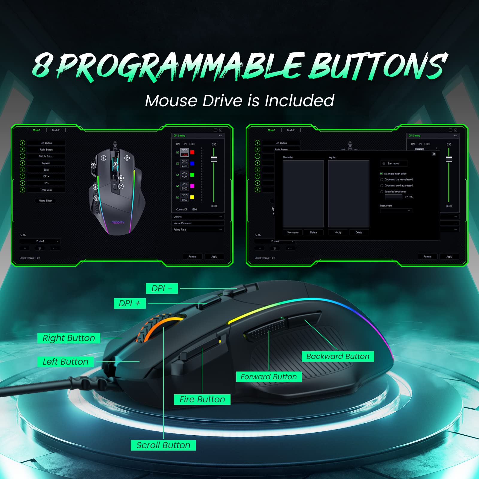 Dacoity Ergonomic 8000DPI RGB Wired Gaming Mouse, PC Gaming Mice with 8 Programmable Buttons, USB Computer Mice, 7 RGB Backlight Modes and 5 Levels Adjustable DPI up to 8000 for PC, Laptop, MacBook