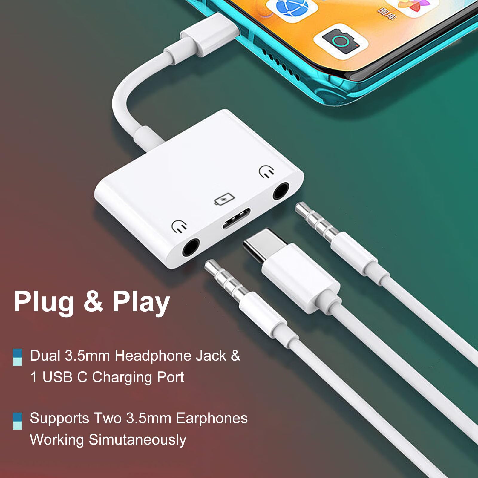 Ceotsak USB Type C to Dual 3.5mm Headphone Adapter, Supports Fast Charging, Compatible with iPhone 15, iPad Pro, Samsung Galaxy, OnePlus and More