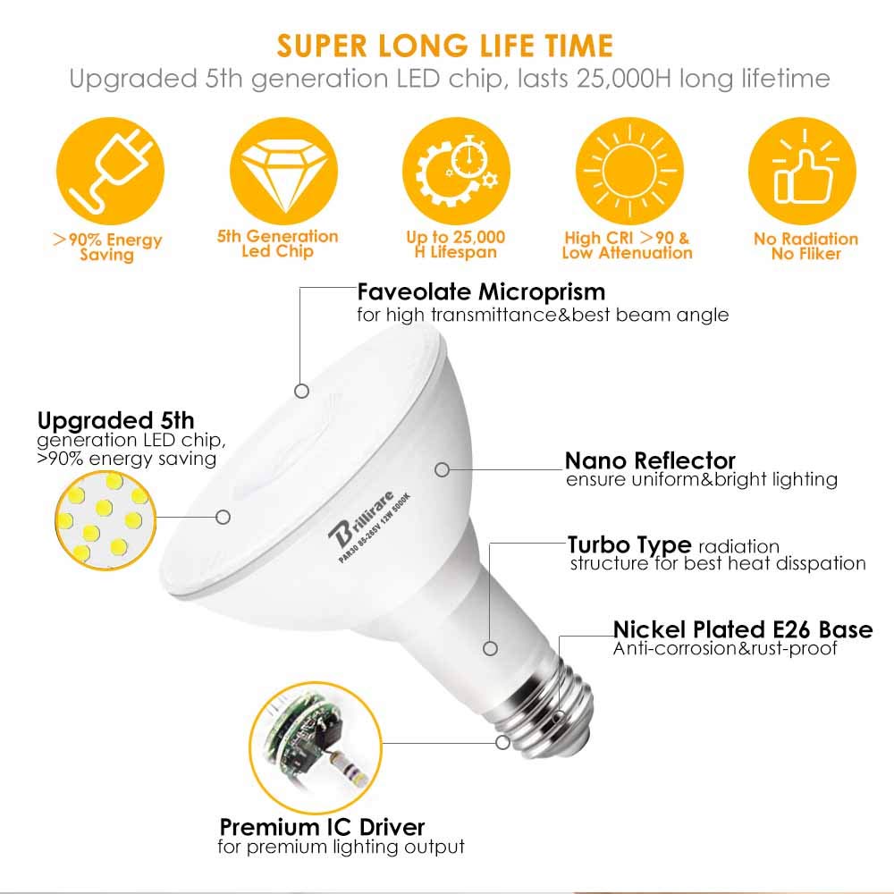 BRILLIRARE 4 Pack PAR30 LED Bulbs, Flood Light Bulb, 100W Halogen Equivalent, 12W 1,000LM 25,000H Lifetime, Cool White, 5,000K Daylight, E26 Indoor/Outdoor Accent Spot Track Light