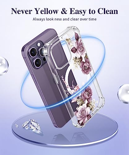 GVIEWIN for iPhone 14 ProMax Case Compatible with MagSafe, [Screen Protector + Camera Lens Protector] [MIL-Grade Protection] Magnetic Floral Clear Shockproof Women Phone Case for 14 Pro Max(Purple)