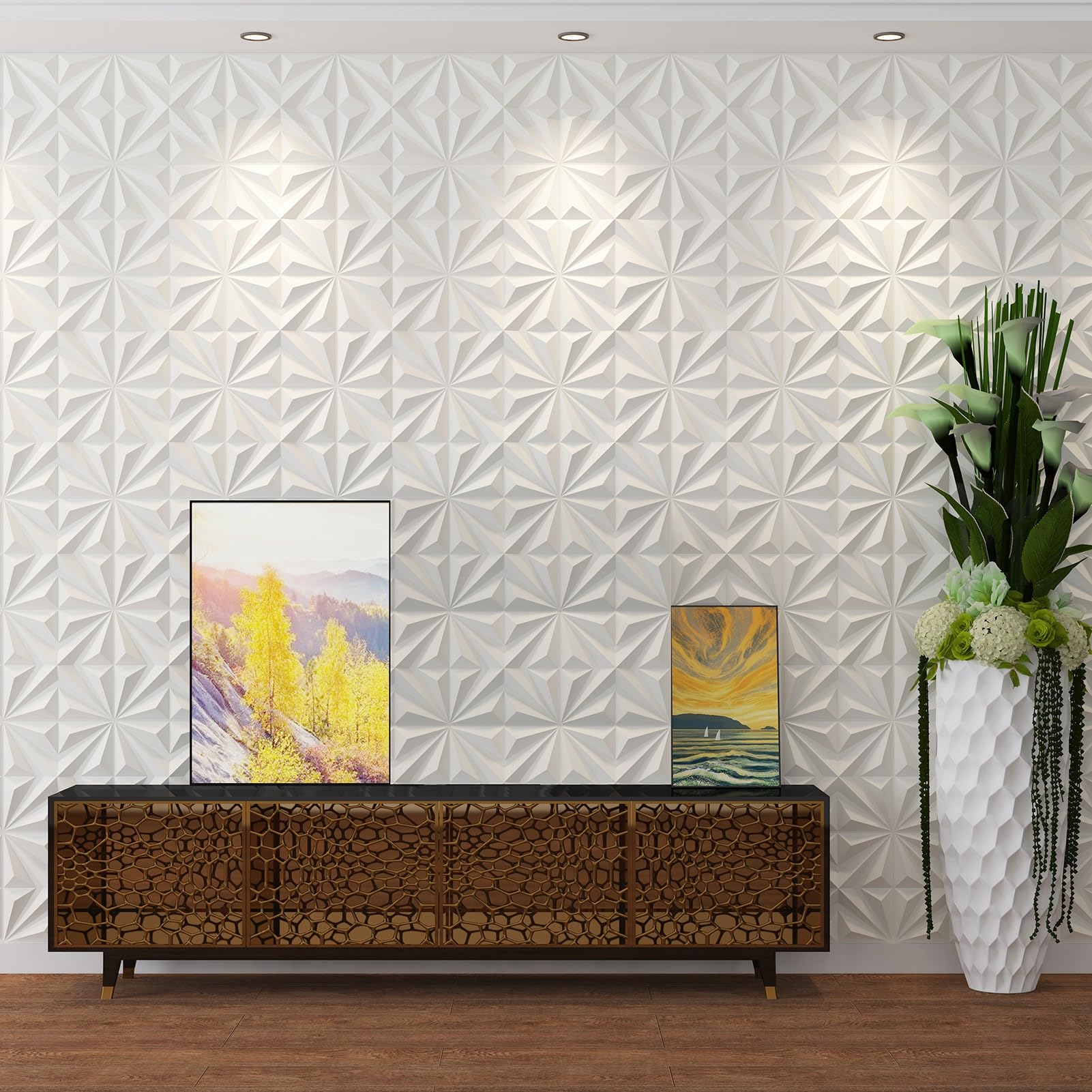 MIX3D Decorative 3D Wall Panels Star Textured PVC Wall Panels for Interior Wall Decor, 12''x12'' White Pack of 33 Tiles Cover 32 Sq. Ft