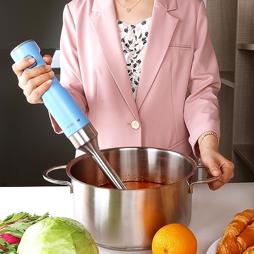 Cordless Hand Blender, OUTRONSM Immersion Blender Rechargeable, with Charging Cable, 500ml Chopper, 600ml container, Egg Whisk, for Smoothies, Milkshakes, Baby Food and Soups β Blue