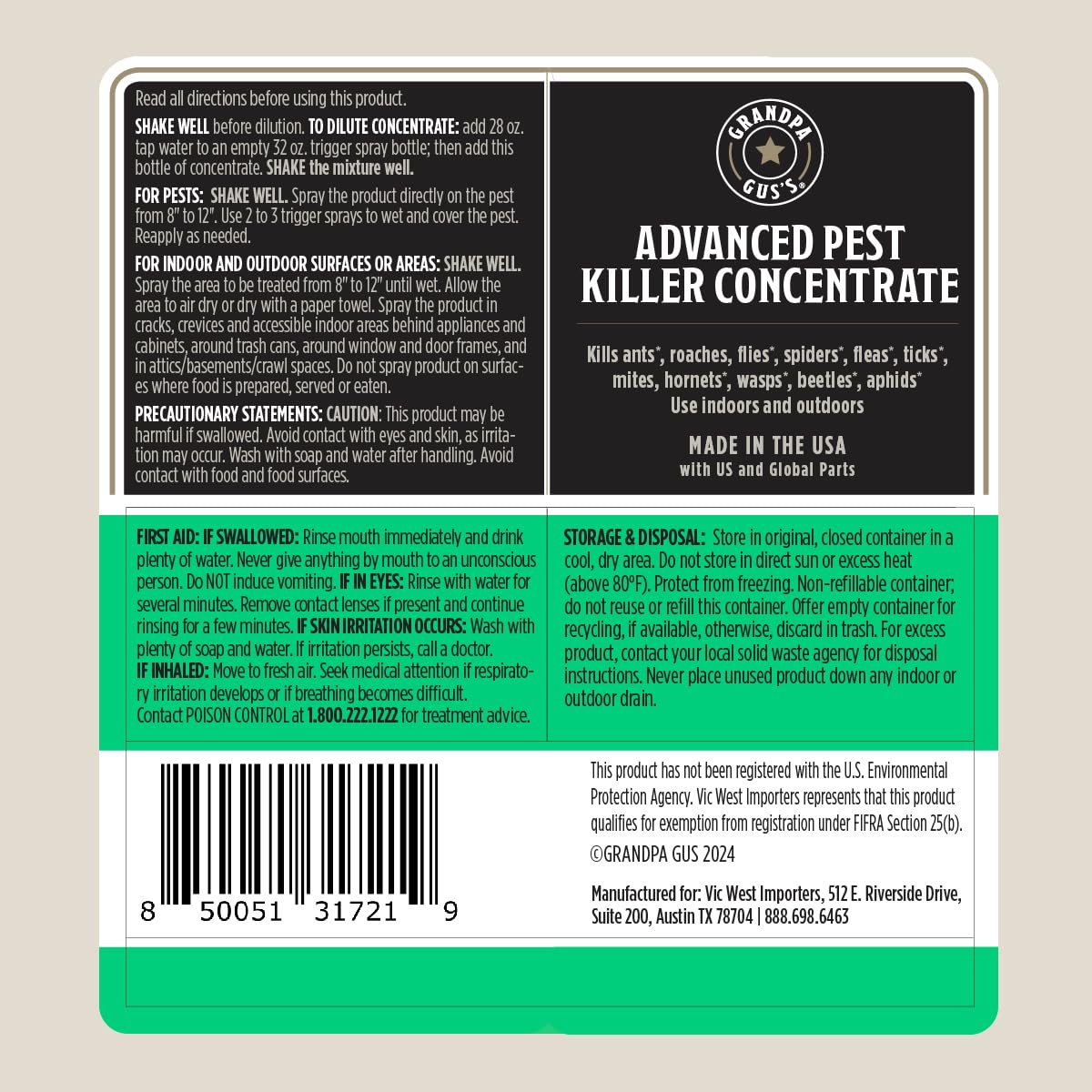 Grandpa Gus's Natural Advanced Pest Killer Concentrate, Plant-Based Actives Quick Kill Multiple Insect Species, Indoor & Outdoor Use, Light Scent, 3.7 fl oz (Pack of 2)