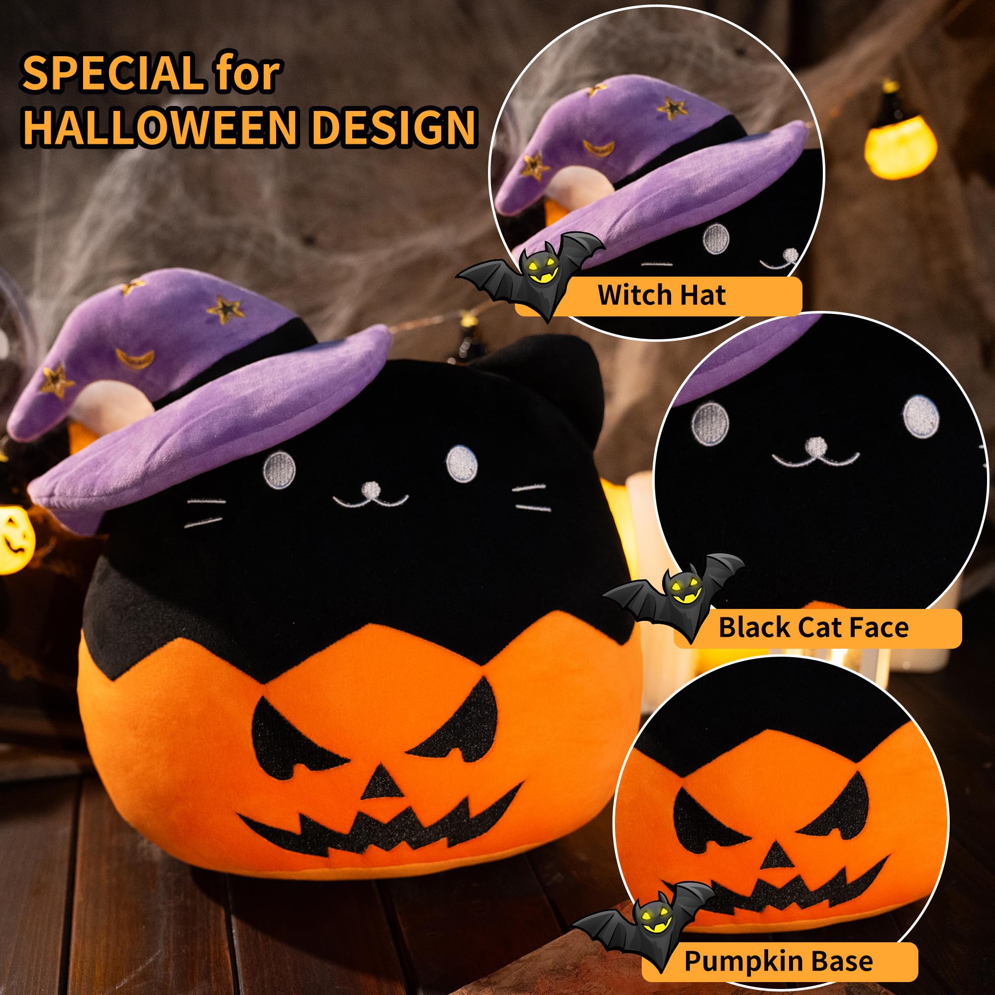 Gudisi Halloween Black Cat Plush Pumpkin Pillow Halloween Decoration and Gift for Kids, Girls & Boys