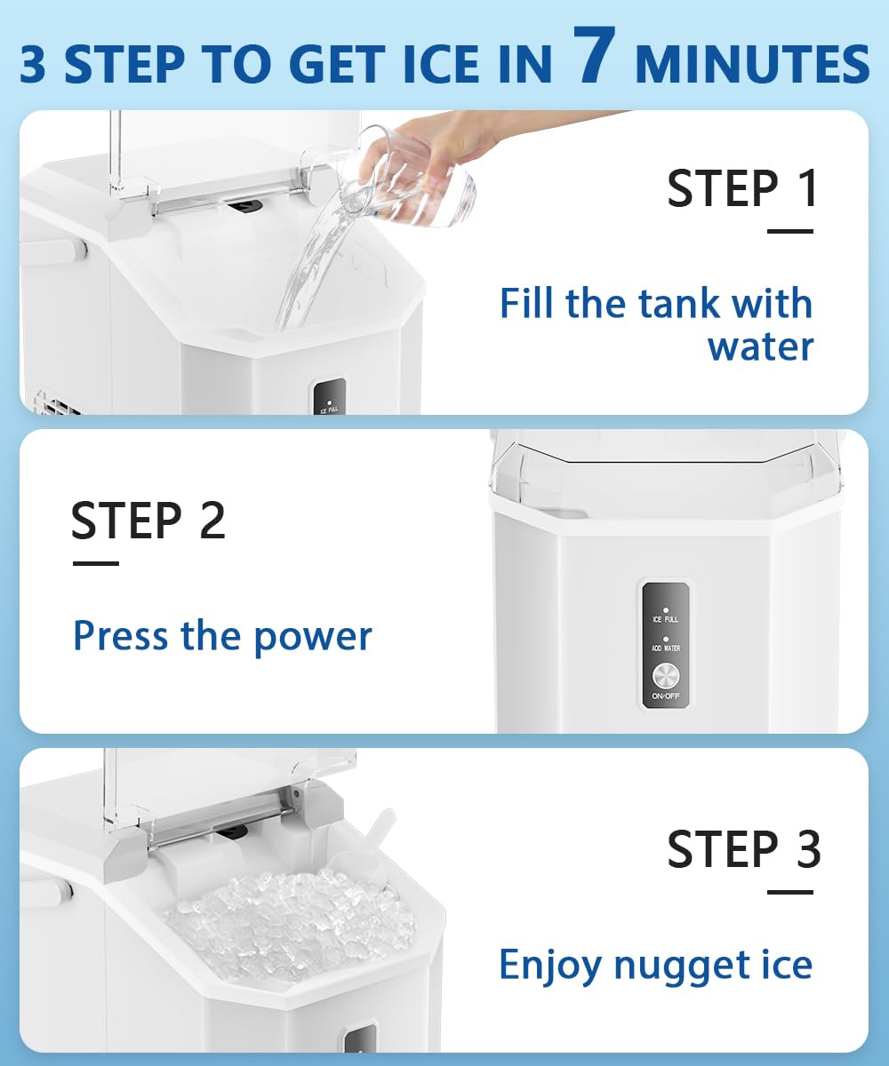 Joy Pebble Nugget Ice Maker, 10,000pcs/33lbs/Day, Portable Handheld Nugget Ice Maker Machine with Handle, Ice Makers Countertop Self-Cleaning, Ice Scoop and Basket, for Home/Office/Party, White