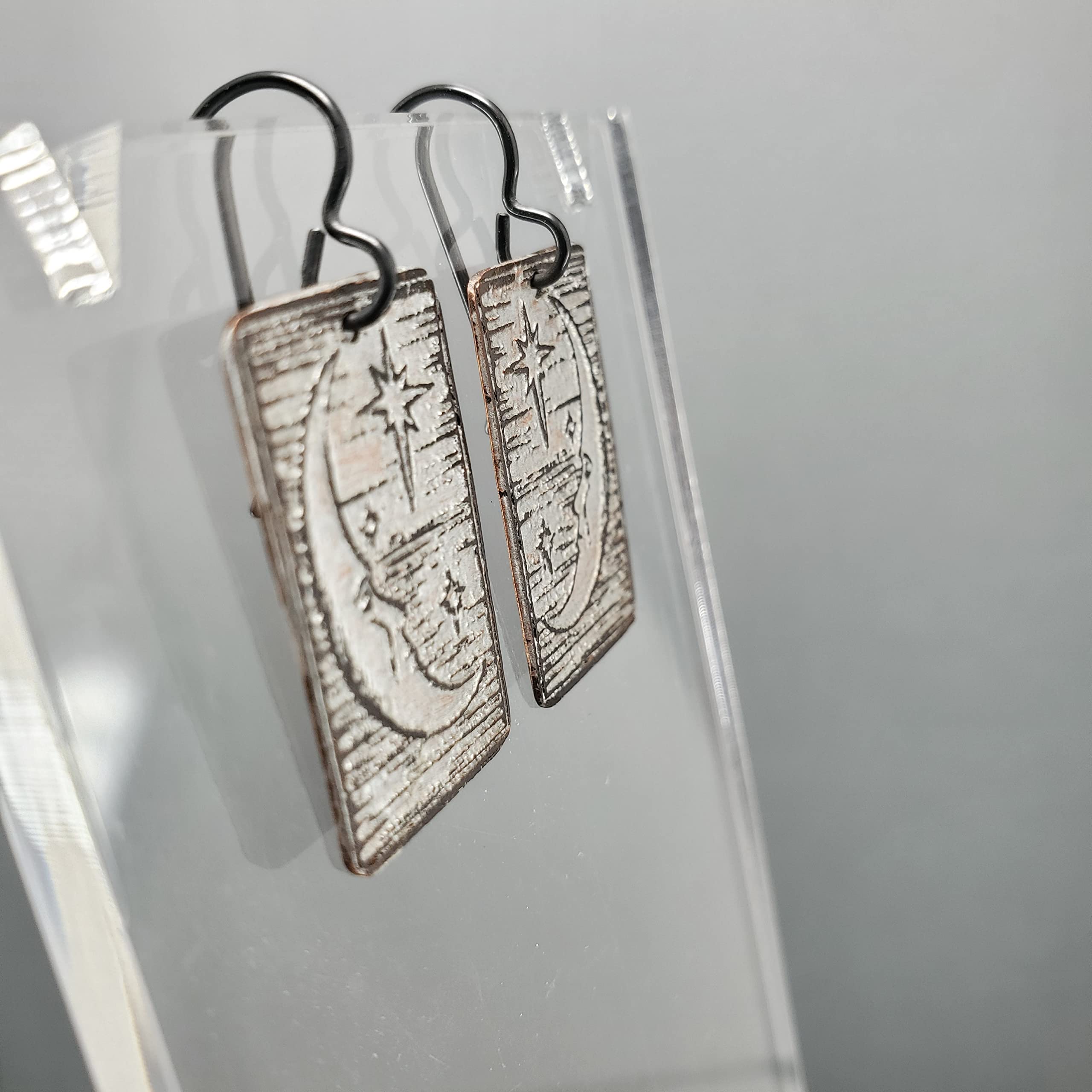 Celestial Moon Earrings Moon Beam Earrings Tarot Card Moon Earrings Silver Moon Earrings Etched Recycled Copper