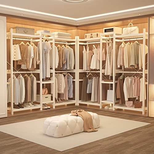 Hoiplu Bamboo Closet System Clothing Rack for Hanging Clothes, Large Garment Rack with Shelves and 5 Rods, 70”W x 77”H Heavy Duty Freestanding Clothes Rack Organizer for Wall-in Closet Bedroom, White