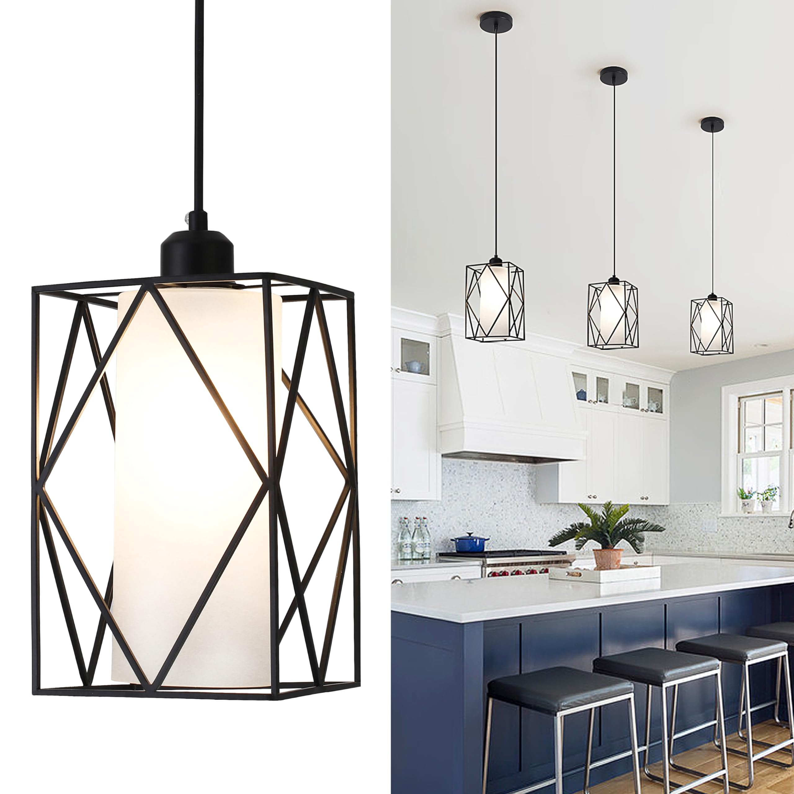 Corlaceling Modern Pendant Light Fixtures, Cage Frosted Glass Pendant Lights Kitchen Island, Pendant Lighting, 1 Pack, White Glass,1Pack