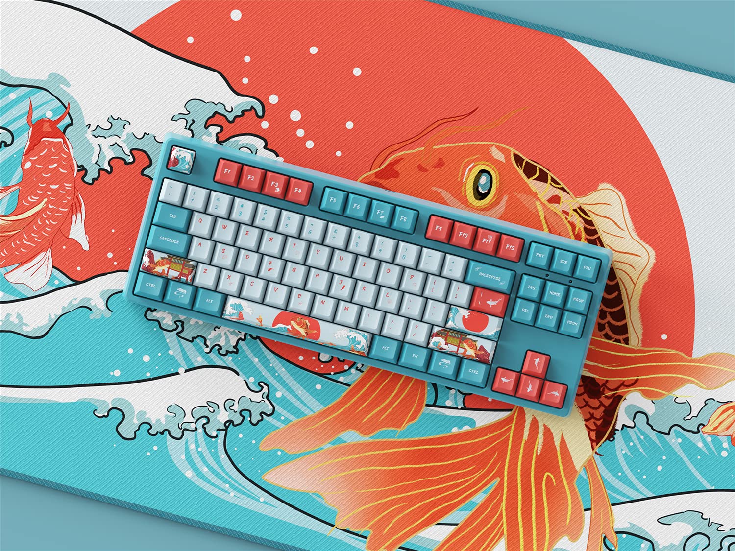 DAGK Dragon Gate Koi PBT Dye Sublimation Upgrade 128 Keycap Set Cherry Profile Keycaps Keyset with Puller for Cherry Mx Gateron Kailh Switch Mechanical Keyboard Upgraded Coral Sea…