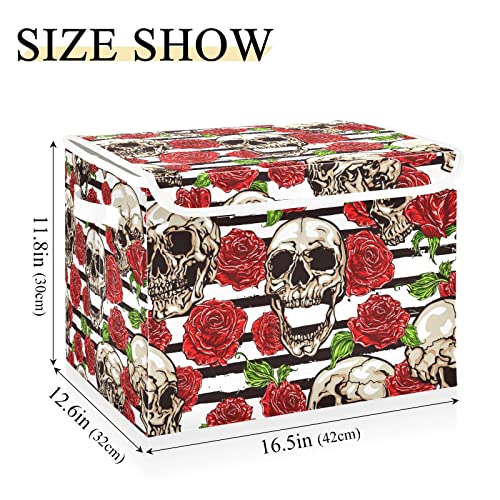 innewgogo Skulls Red Roses Storage Bins with Lids for Organizing Closet Organizers with Handles Oxford Cloth Storage Cube Box for Dog Toys