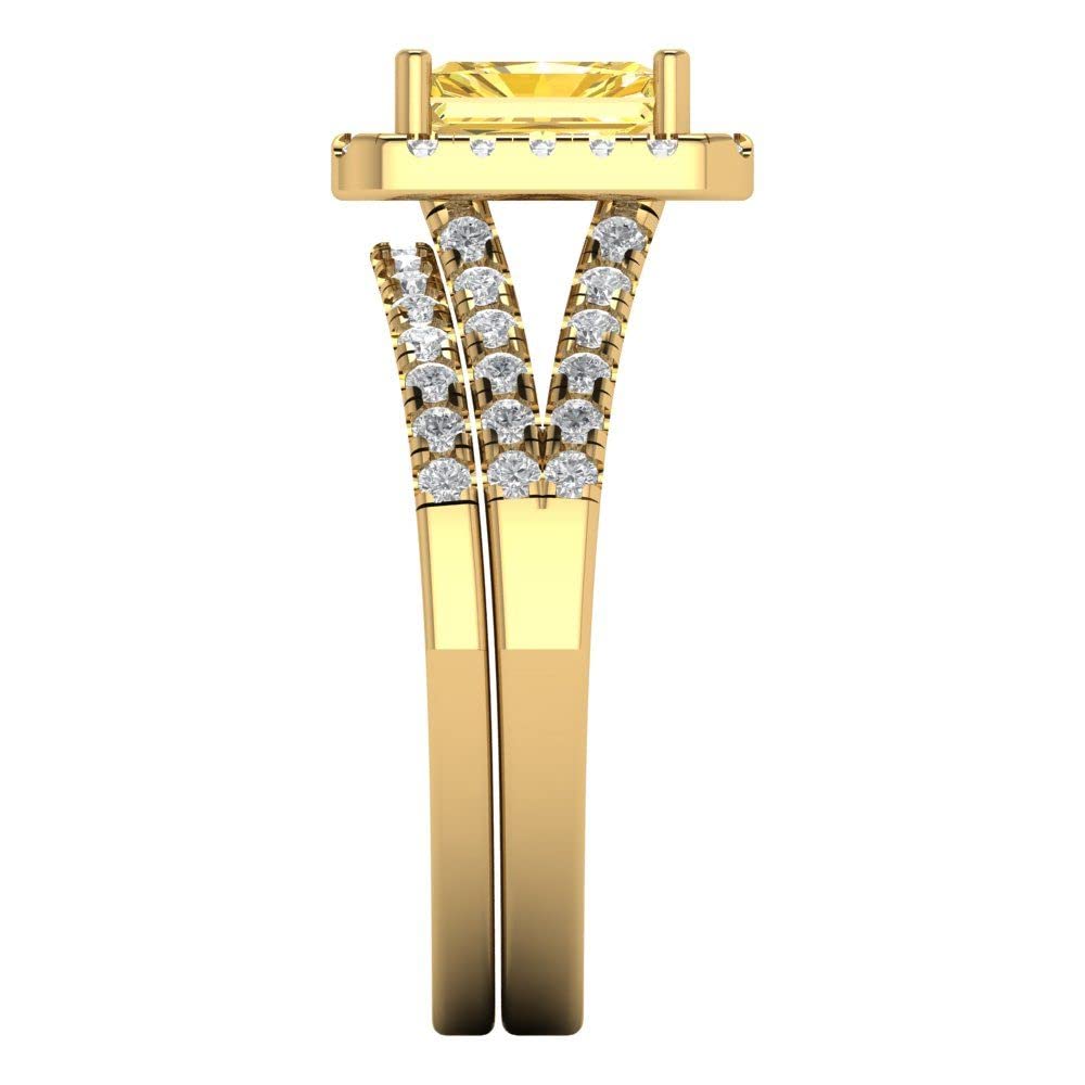 Clara Pucci 1.6ct Emerald Cut Halo Solitaire Yellow Simulated Diamond Engagement Promise Bridal Ring Band set 14k Yellow Gold 7.5
