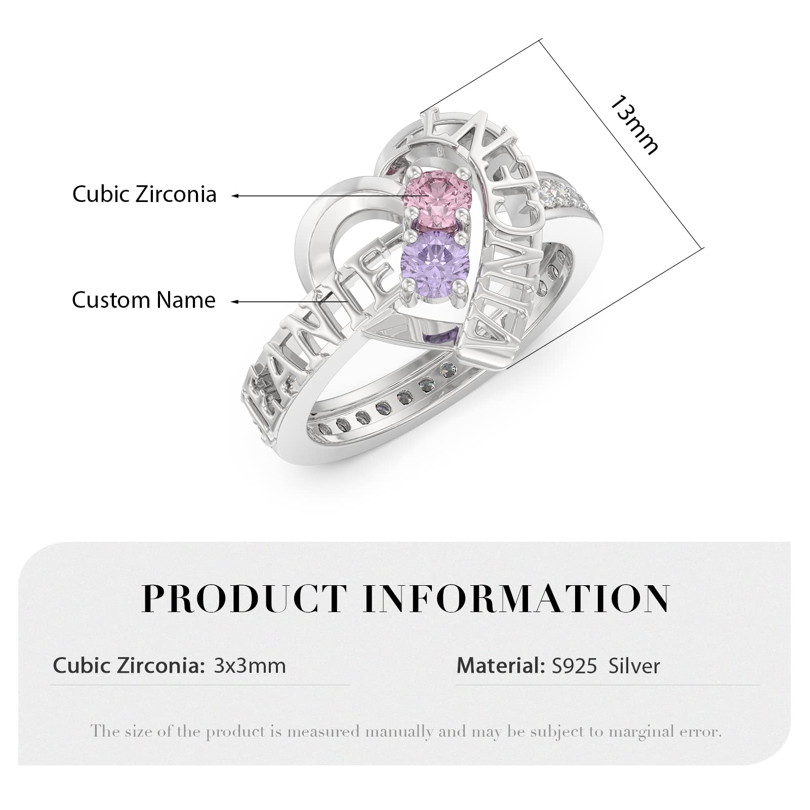 Custom Name Ring Creative 3D 925 Sterling Silver Birthstone Rings for Women Mother Dainty Bride Engagement Ring Personalized Promise Rings for Her (2 names)