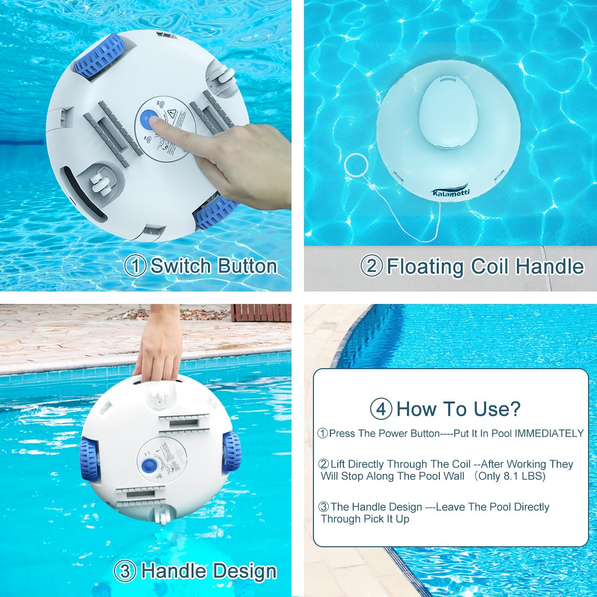 Cordless Robotic Pool Cleaner - Pool Vacuum for above Ground Pools Powerful Suction Rechargeable Battery, Lasts 140 Mins, Built-in Water Sensor Technology for Pool Surface Up to 630 Sq.Ft