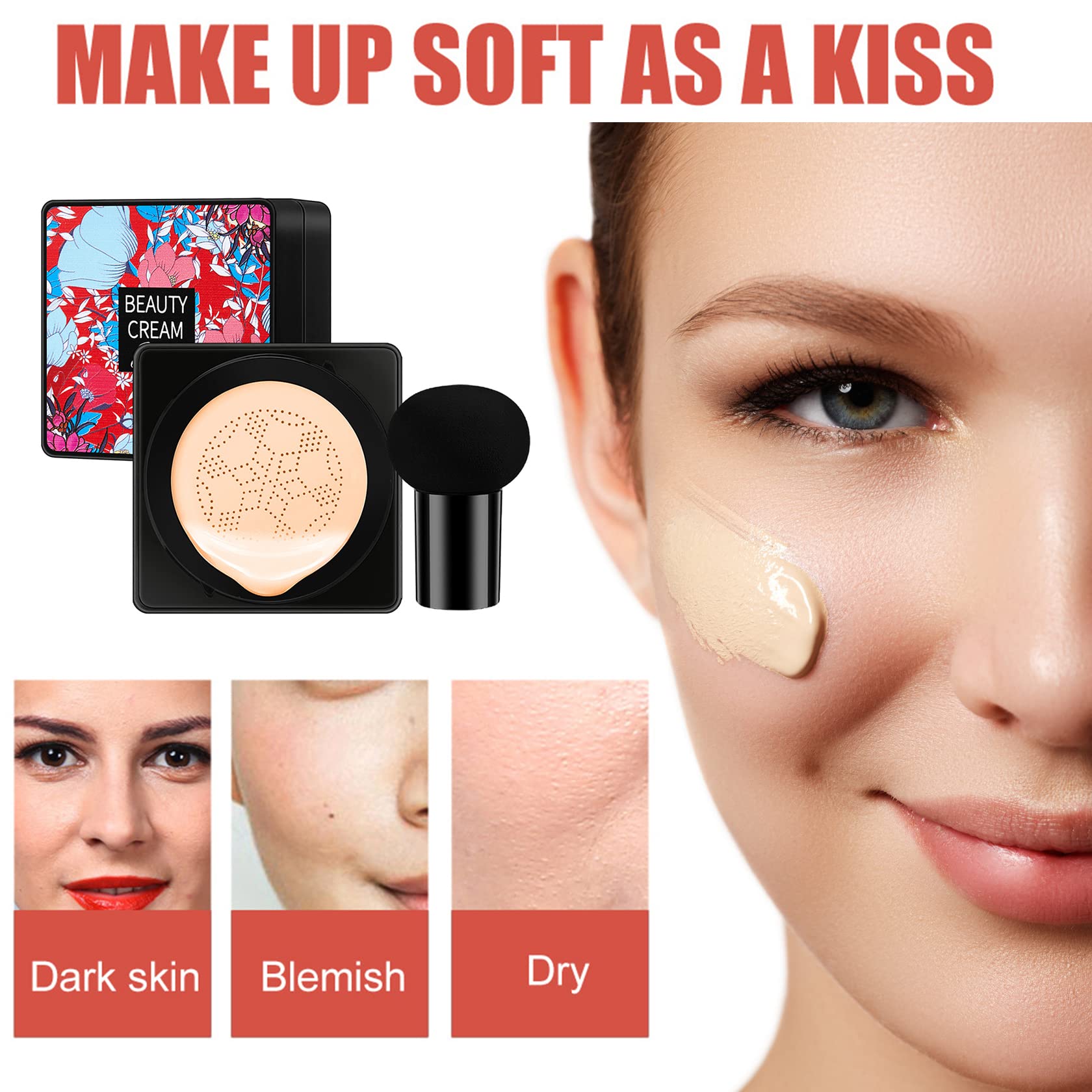 Mushroom Head Air Cushion CC Cream,BB Cream,Foundation Full Coverage Foundation, Moisturizing CC Foundation Concealer Makeup, Long Lasting Matte Cushion Foundation (Natural)