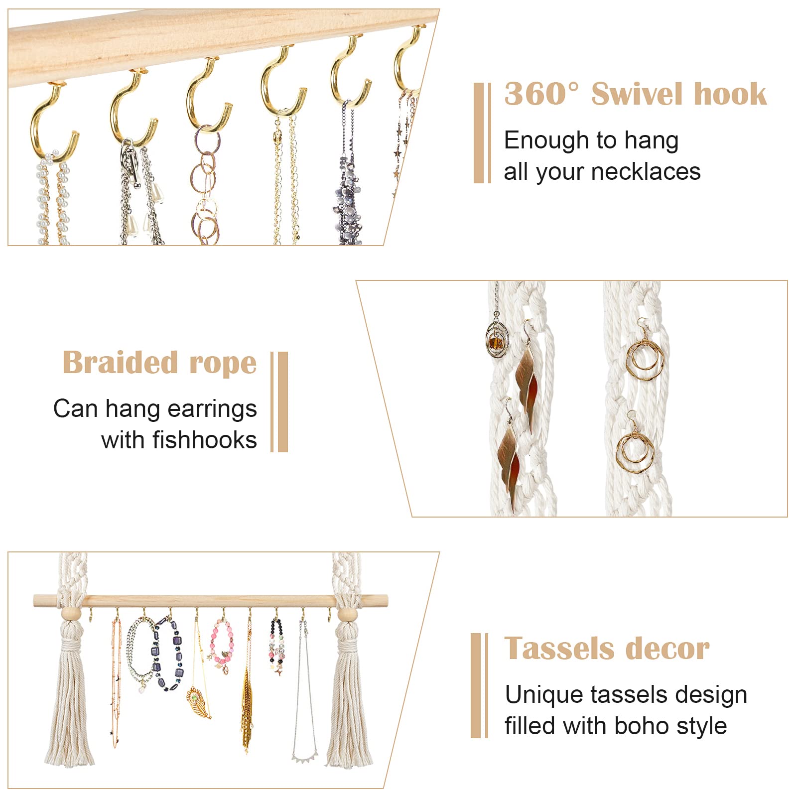 Grathia Hanging Jewelry Organizer Macrame Necklace Holder with 30 Hooks, Wall Mounted Necklace Rack, Necklace Hanger with Tassel for Necklaces Bracelet Earrings (Beige)