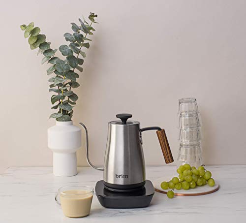 Brim 0.8L Gooseneck Kettle w Wood Handle, Easy Brewing Pour Over Coffee, Tea or Hot Beverages, 6 Variable Temperature Presets, Capacitive Smart Touch Interface, Cordless Power Base, Stainless Steel