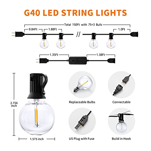 XMCOSY+ Smart Outdoor String Lights, 150Ft G40 Globe Patio Lights with 75 LED Bulbs, WiFi & APP Control, Work with Alexa, Extendable Waterproof Dimmable LED String Lights for Outside, Porch, Cafe