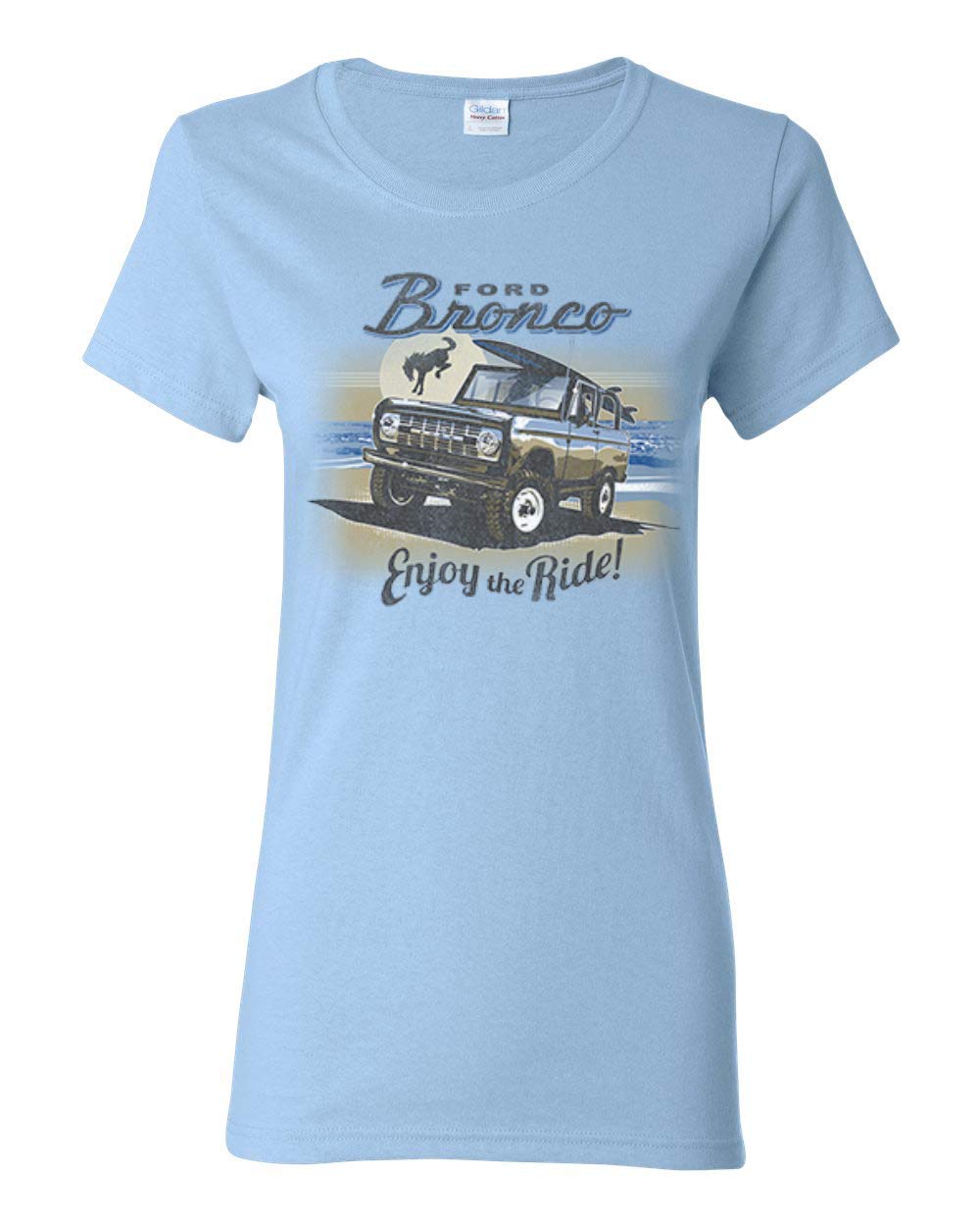 Classic Vintage Ford Bronco Enjoy The Ride Cars and Trucks Womens Graphic T-Shirt, Light Blue, Large