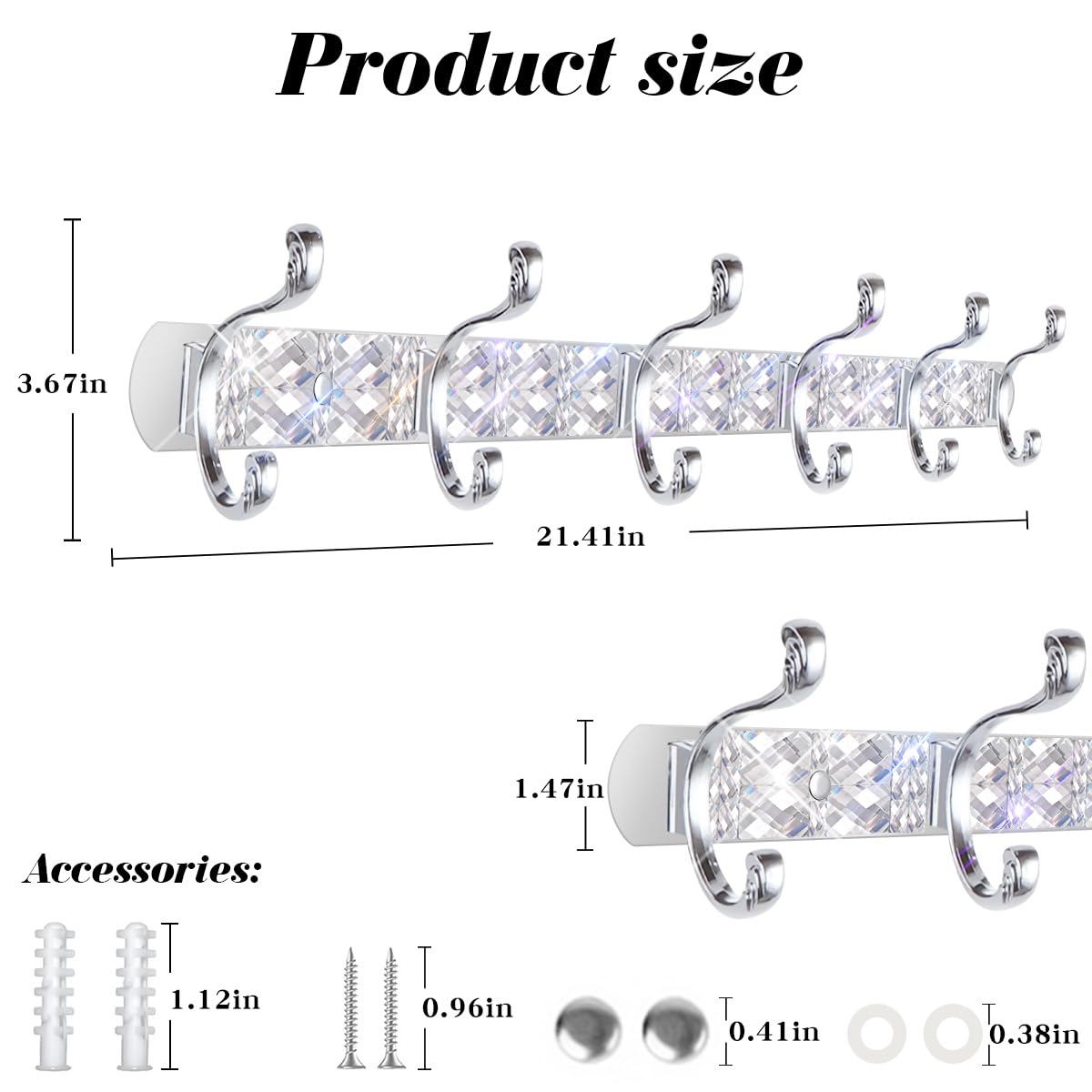 GUFONKOD Bling Coat Rack Wall Mount, Sparkle Silver Gem Diamond Wall Mounted Suitable for Key Hat Towel Purse Robes, Glitter Hooks Decorative Rack for for Entryway, Bedroom, Bathroom (6 Hooks)
