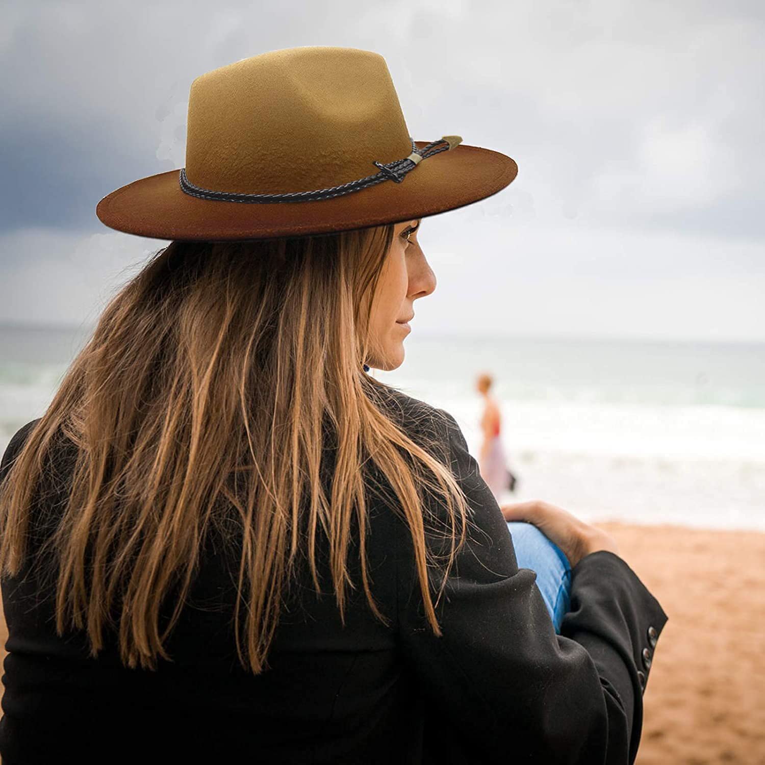 Classic Wide-Brim Fedora-Hat-Women - Felt Gradient Fedora Hats (Caramel, M:56-58cm/22-22.8inch)