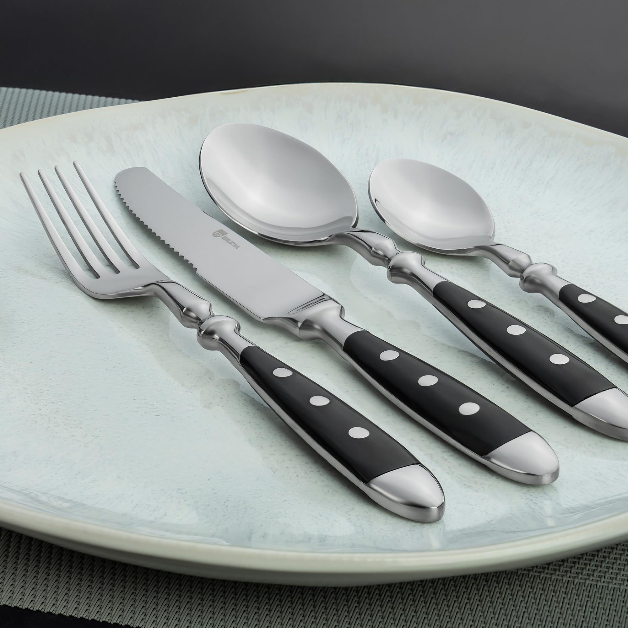 GRÄWE cutlery set for 6 persons made of stainless steel, Heavy, Rustic, Table cutlery set 24 pieces, Forged cutlery with black handles - Nuremberg Series