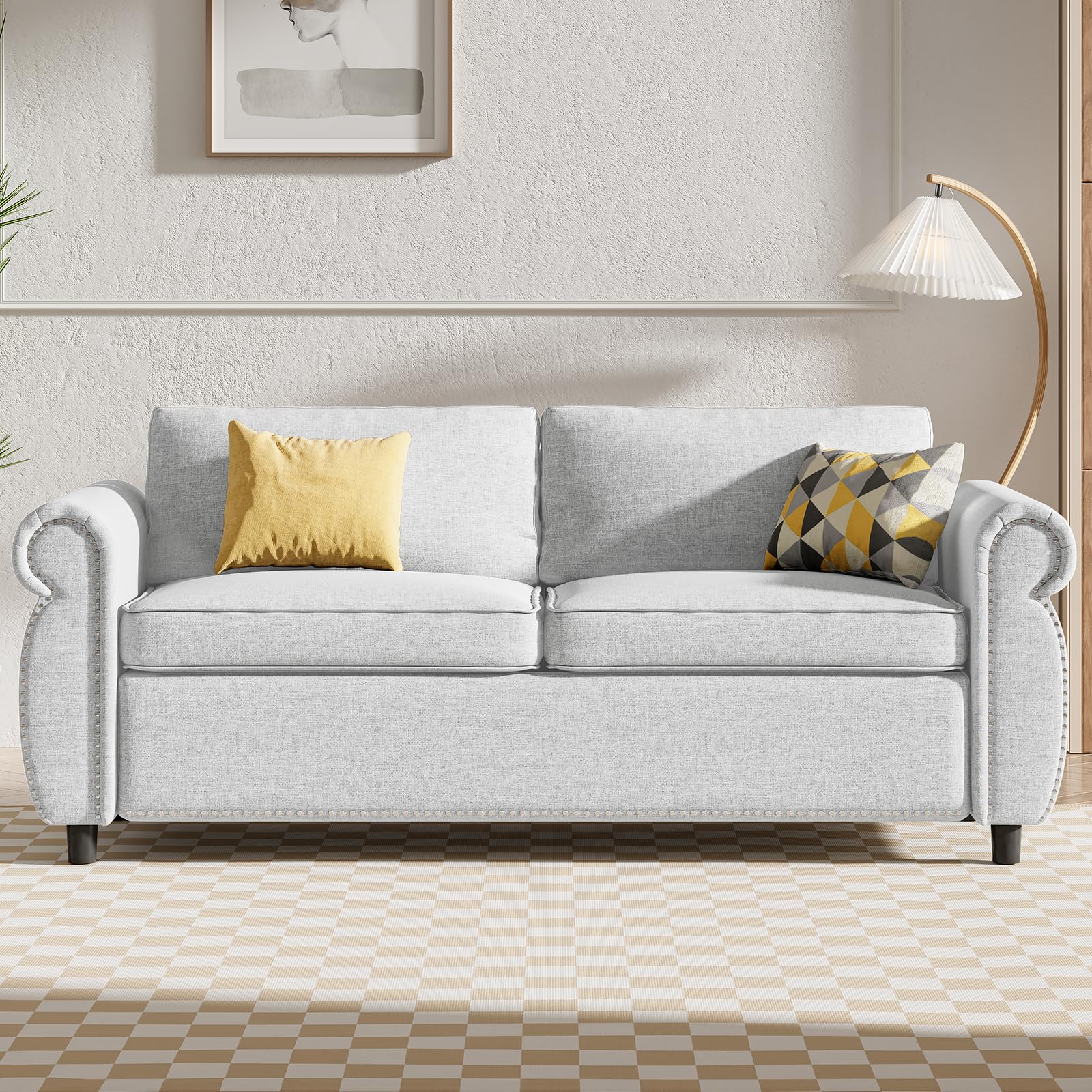Mjkone Full Size Sleeper Sofa with 4" Foldable Memory Foam Mattress, 2 in 1 Upholstered Pull Out Sofa Bed with Nailhead Armrests, Modern Linen Pull Out Couch for Living Room Apartment Office, Gray