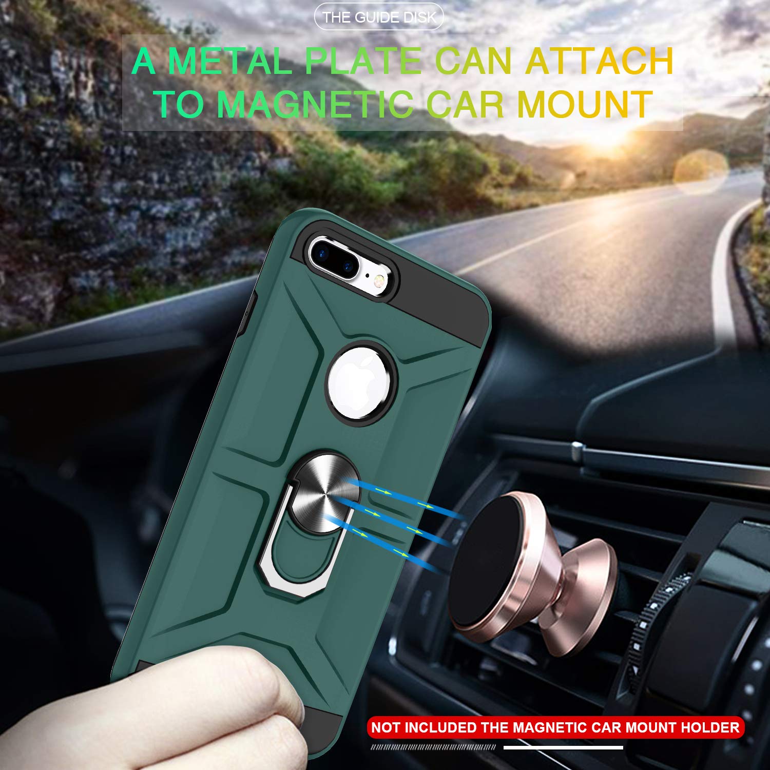 Compatible for iPhone 8 Plus Case, iPhone 7 Plus Case with HD Screen Protector, Atump Magnetic Ring Kickstand [Military Grade] Protective Phone Case for iPhone 8/7/6/6s Plus, Midnight Green
