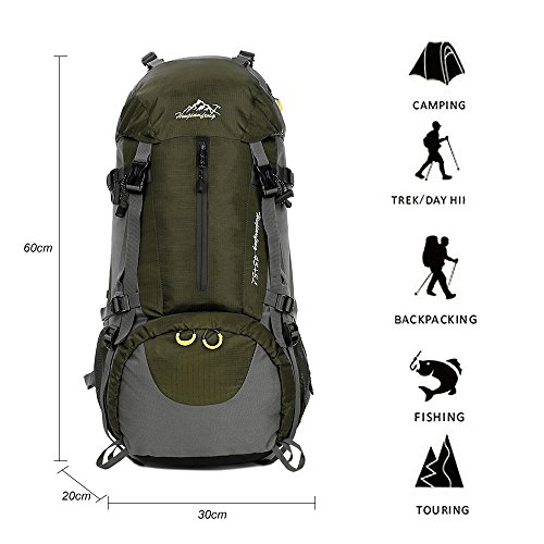 HUIOP Hiking Backpack, 50L Waterproof Outdoor Sport Hiking Trekking Camping Travel Backpack Pack Mountaineering Climbing Knapsack with Rain Cover