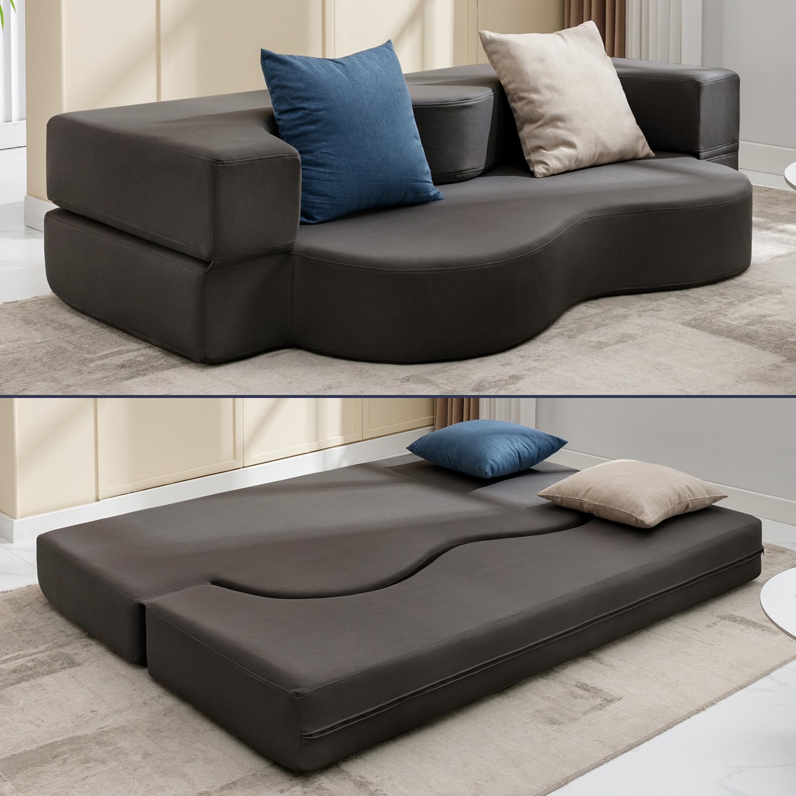 Mjkone Queen Size Stylish Sofa Bed, Upholstered Convertible Sofa Bed, Memory Foam with 2 Pillows, Fold Out Futon Sleeper Chair Couch for Living Room Guest Room, Washable Cover,Dark Gray