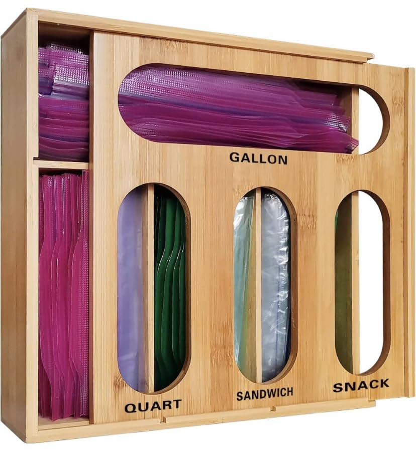 CNL DESIGNS INC. Bamboo Ziplock Bag Organizer for Drawer, Food Storage Organizer, Sandwich Bag Organizer for Kitchen, Compatible with Gallon, Quart, Sandwich & Variety Snack Size Bags.