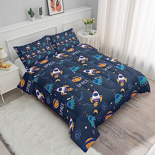 Datura home Kids Space Ship Bedding Comforter Set Galaxy Rocket Printed Pattern Bedding Set with 1 Comforter and 2 Pillowcases for Boys Bedroom All Season(Galaxy Ship Full) Full 80x90''