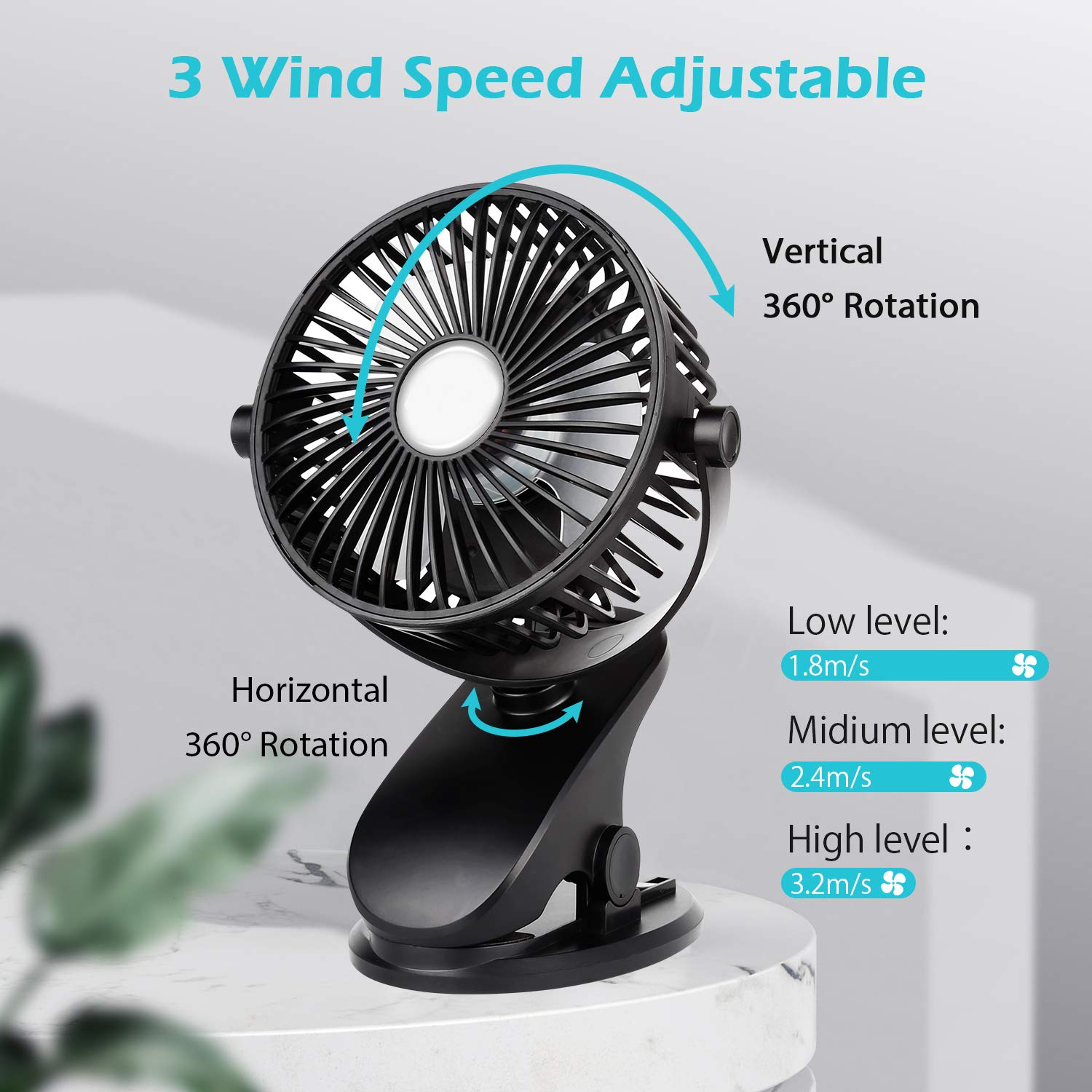 BRIGENIUS Battery Operated Clip on Stroller Fan, Portable Mini Desk Fan Rechargeable, USB Powered Clip Fan for Baby Stroller Office Outdoor Travel, Black