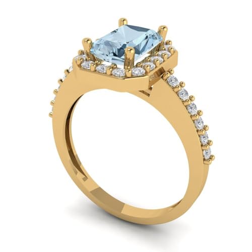 Clara Pucci 2.07 ct Emerald Cut Solitaire Halo Genuine Natural Aquamarine Engagement Promise Anniversary Bridal Ring 18K Yellow Gold 8.25