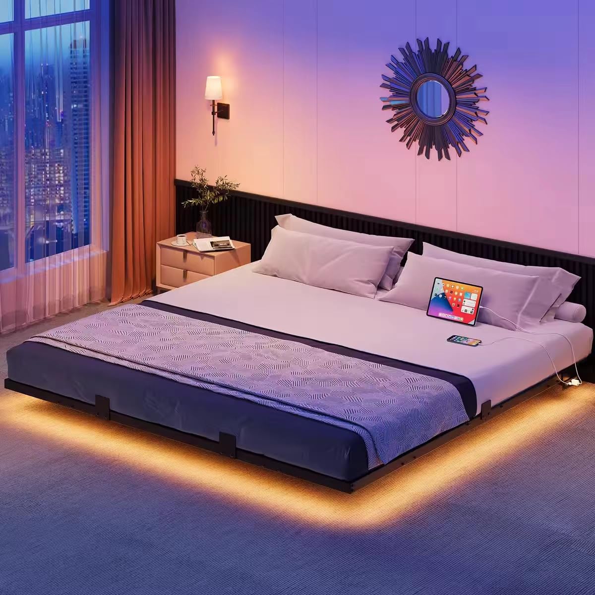 DWVO King Size Floating Bed Frame with Charging & LED Lights, King Metal Platform Bed with Sturdy Steel Slats, No Requirement for Box Spring, Simple Assembly, Black