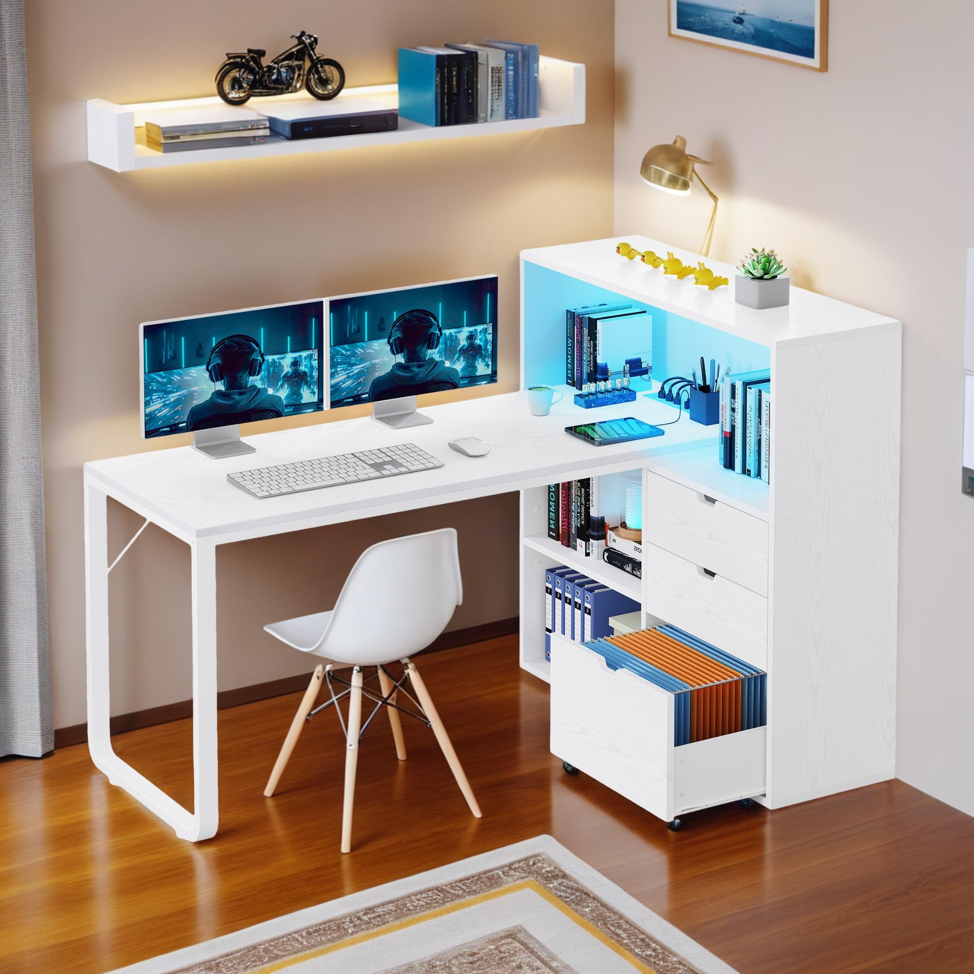 DWVO L Shaped Desk with Drawers, 55" Corner Computer Desk with Bookshelf & Power Outlets & LED Lights, Home Office Desk with Storage Shelves, Black