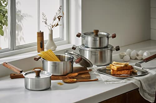 Dr.HOWS Warmwood Nonstick Pot 7 inch with Lid - Small Kitchen Stainless Steel Pot with Wooden Handles - Lightweight Pot For Induction, Ceramic, Electric, Halogen and Gas Cooktops