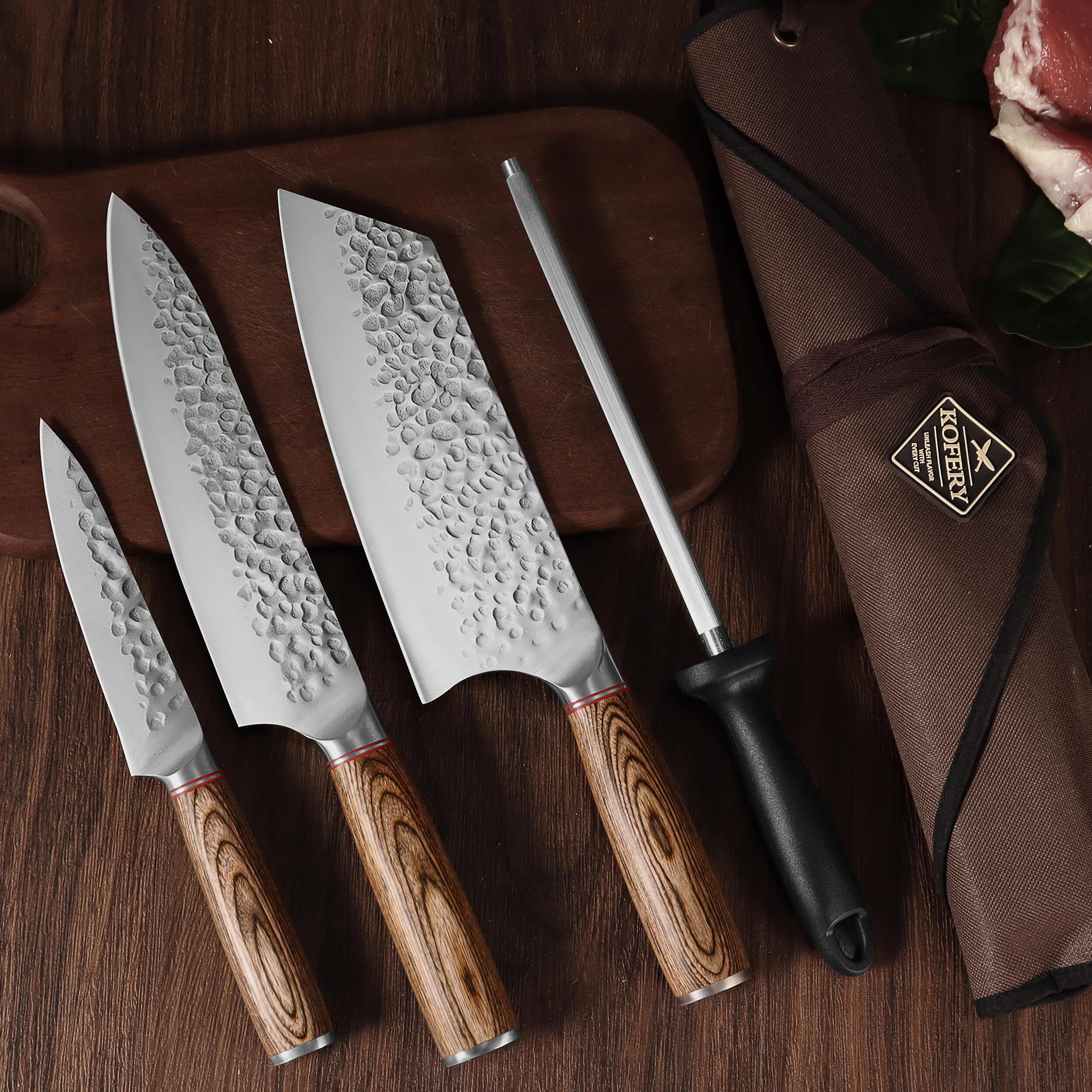 KOFERY 3 Piece Professional Forged Chef Knife Set - Premium Stainless Steel, Non-Stick, Sharp Kitchen Knives for Camping, Includes Roll Bag and Sharpening Steel